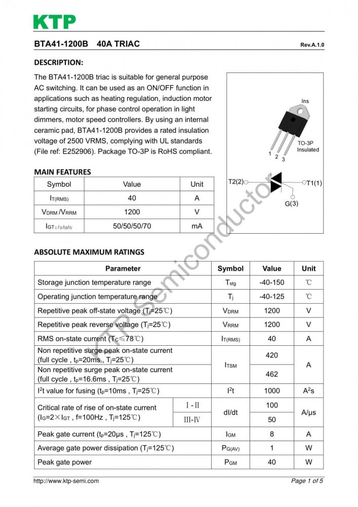 BTA41-1200B datasheet page 1