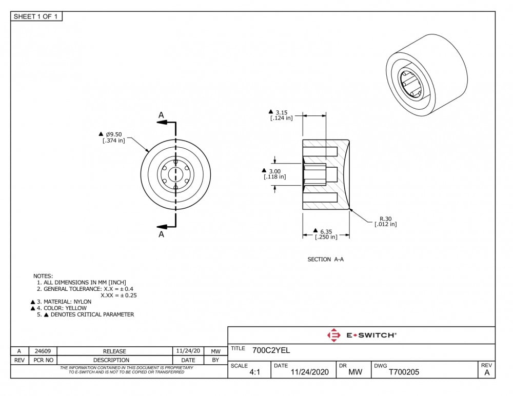 E-Switch 700C2YEL mechanical drawing