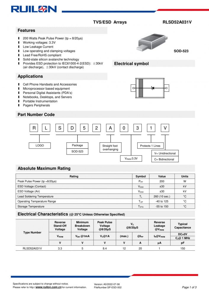 RLSD52A031V datasheet page 1
