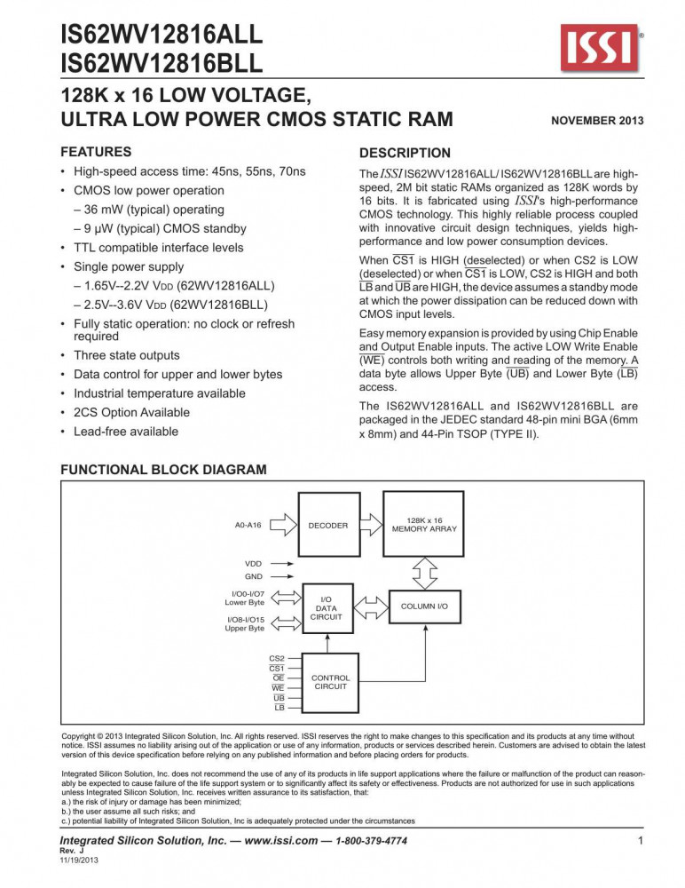 IS62WV12816BLL datasheet page 1