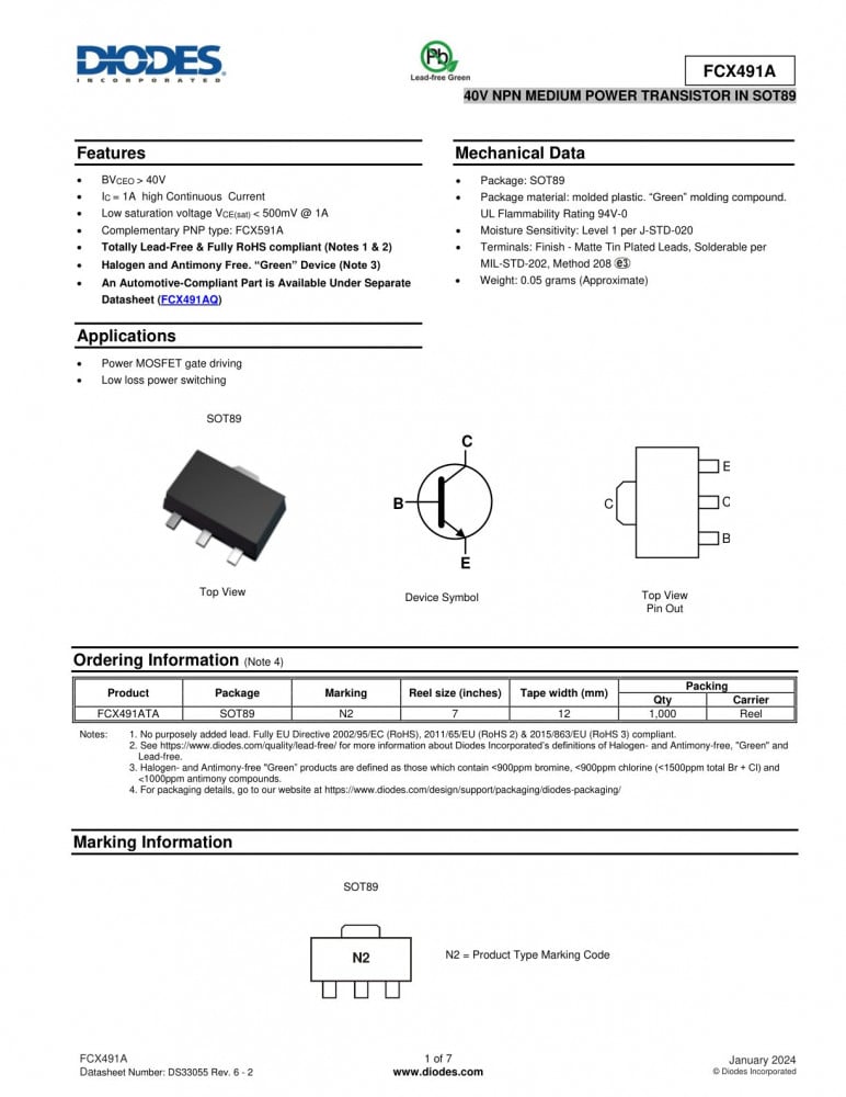 FCX491ATA datasheet page 1