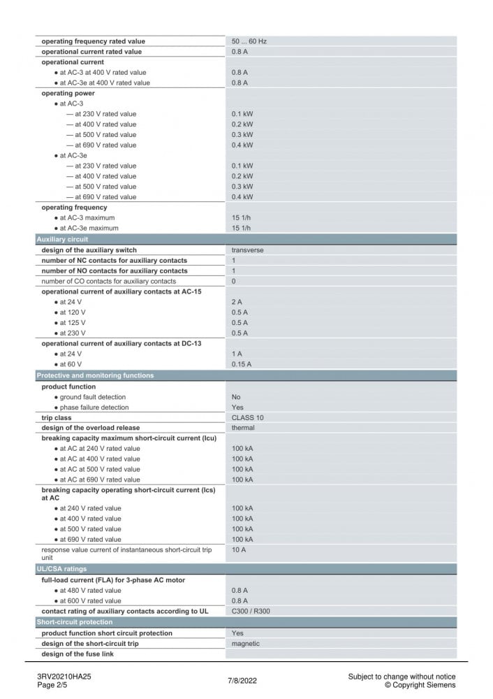 3RV20210HA25 technical document page 2