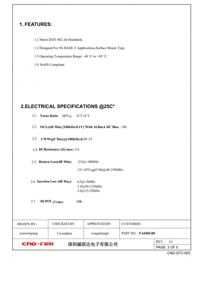 FA040G00 schematic and specifications page