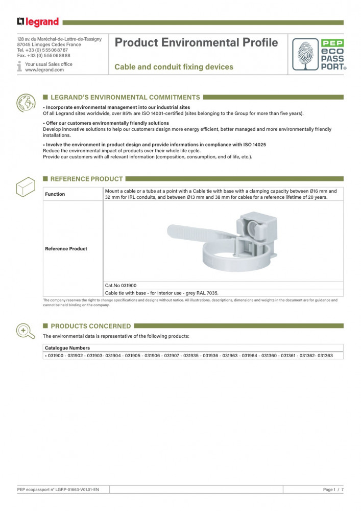 Legrand product environmental profile, page 1