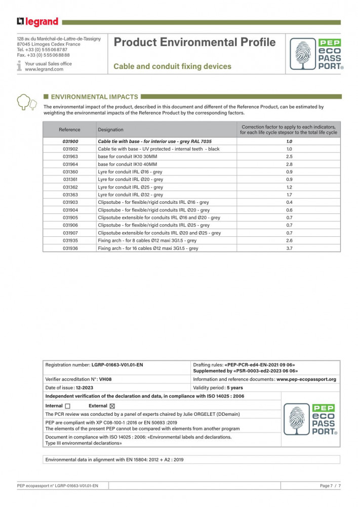 Legrand product environmental profile, page 7