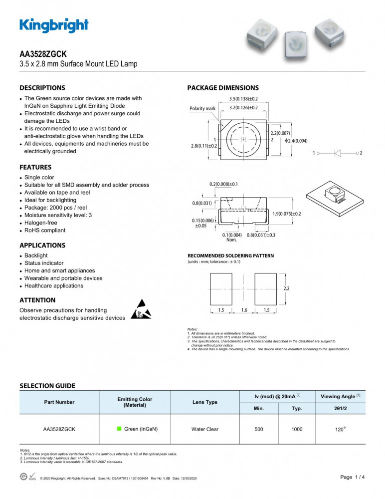 AA3528ZGCK datasheet page 1