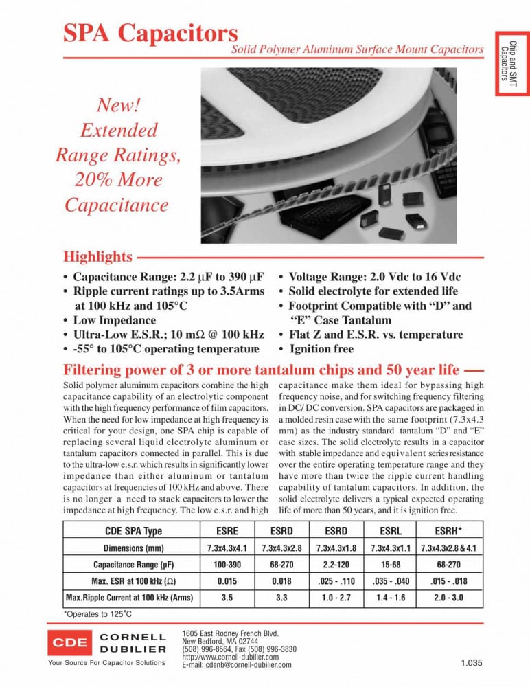 Cornell Dubilier Electronics SPA capacitor datasheet page 1