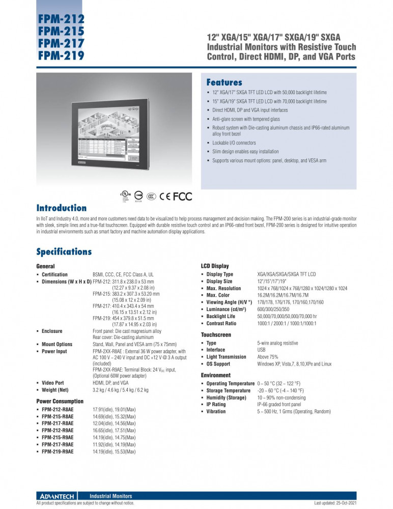 ADVANTECH FPM-219-R9AE datasheet page 1