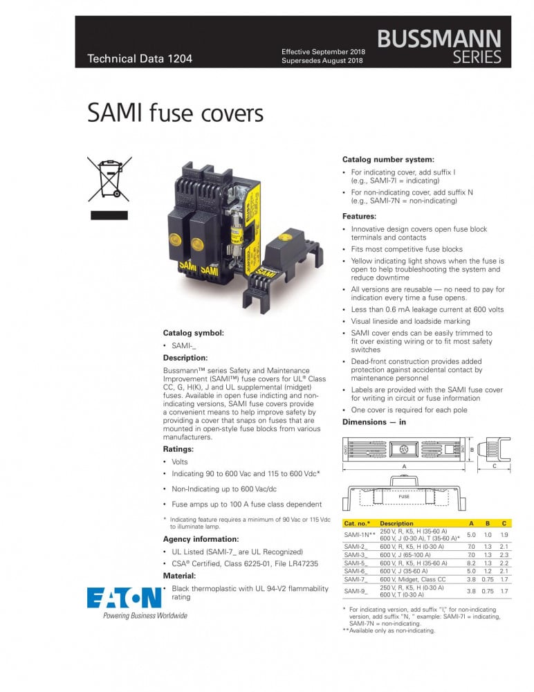 EATON Bussmann SAMI fuse cover datasheet page 1
