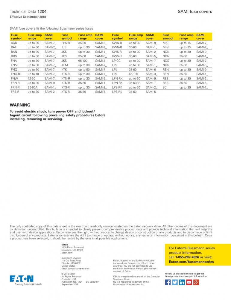 EATON Bussmann SAMI fuse cover datasheet page 2