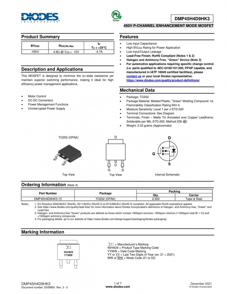 DMP45H4D9HK3-13 datasheet page 1