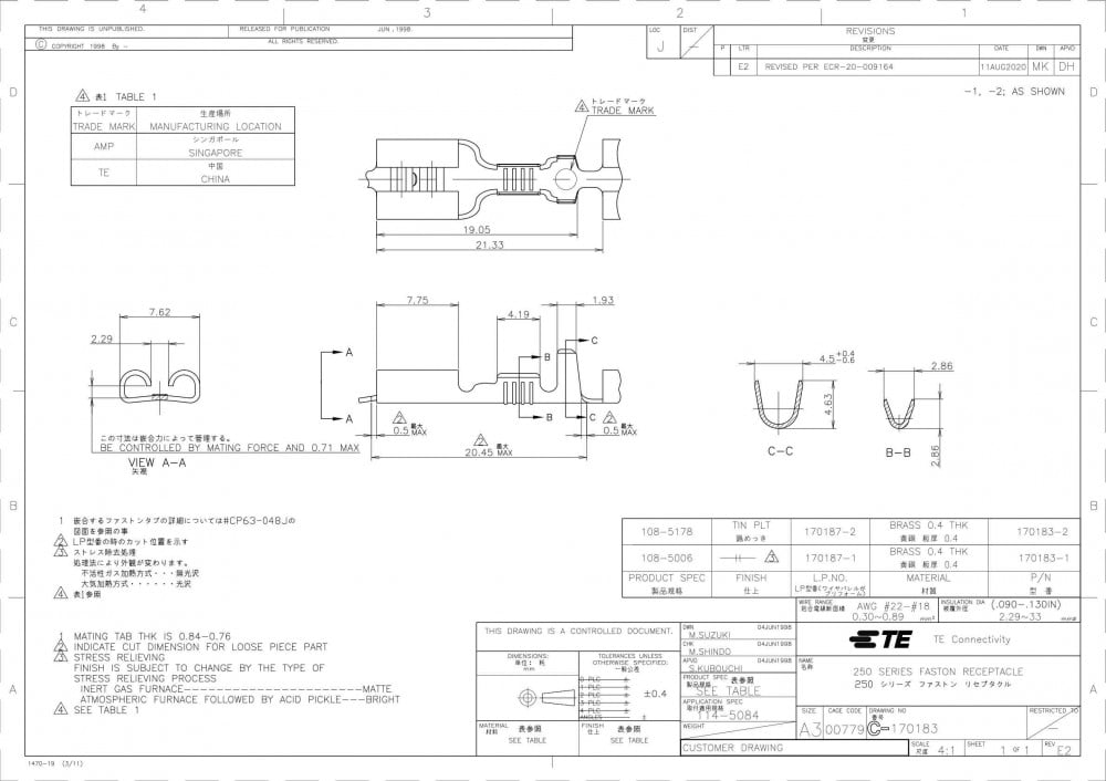 TE Connectivity drawing 170183 revision F2