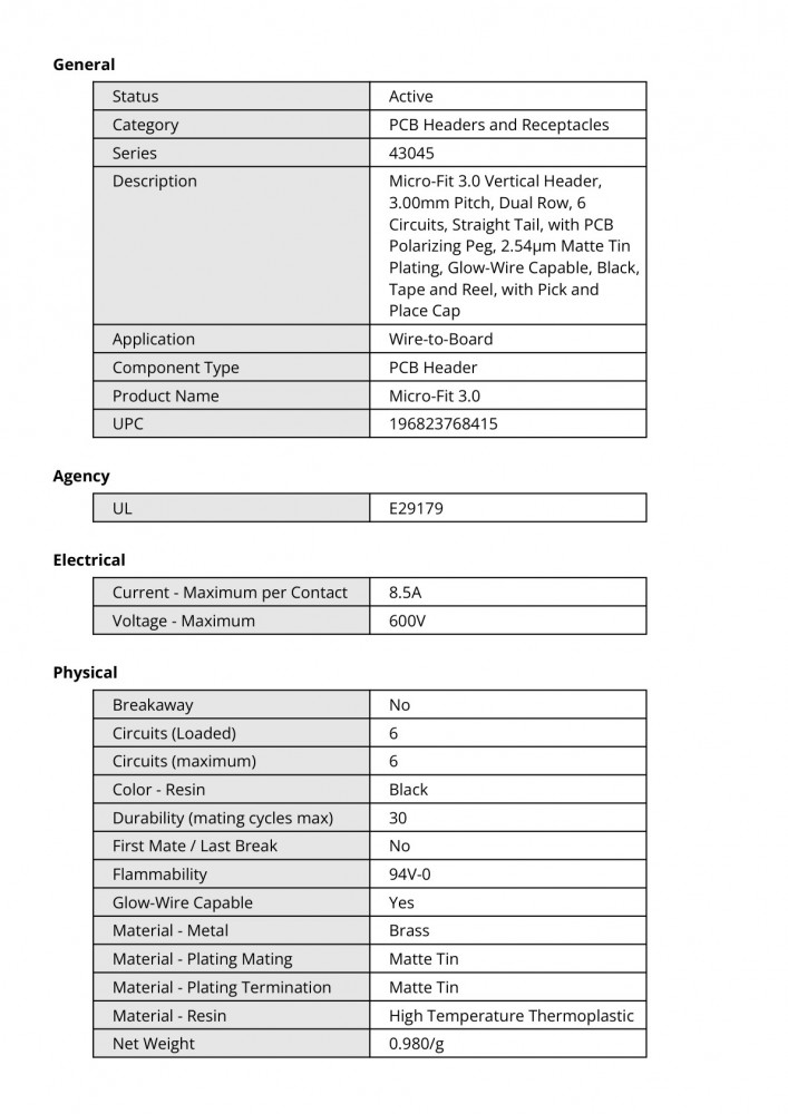 Technical document page 2 for MOLEX 430450707