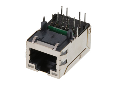 MXMag Gigabit Ethernet 8 Core Non-PoE Single-Port RJ45 Connector, 21.40mm Depth, 3.30mm Phy Pin Length, Right-Angle, Inverted Profile, with Shield Tabs, with Green-Green LEDs, Standard Temperature, with 2kV Shield Connection, Tray
