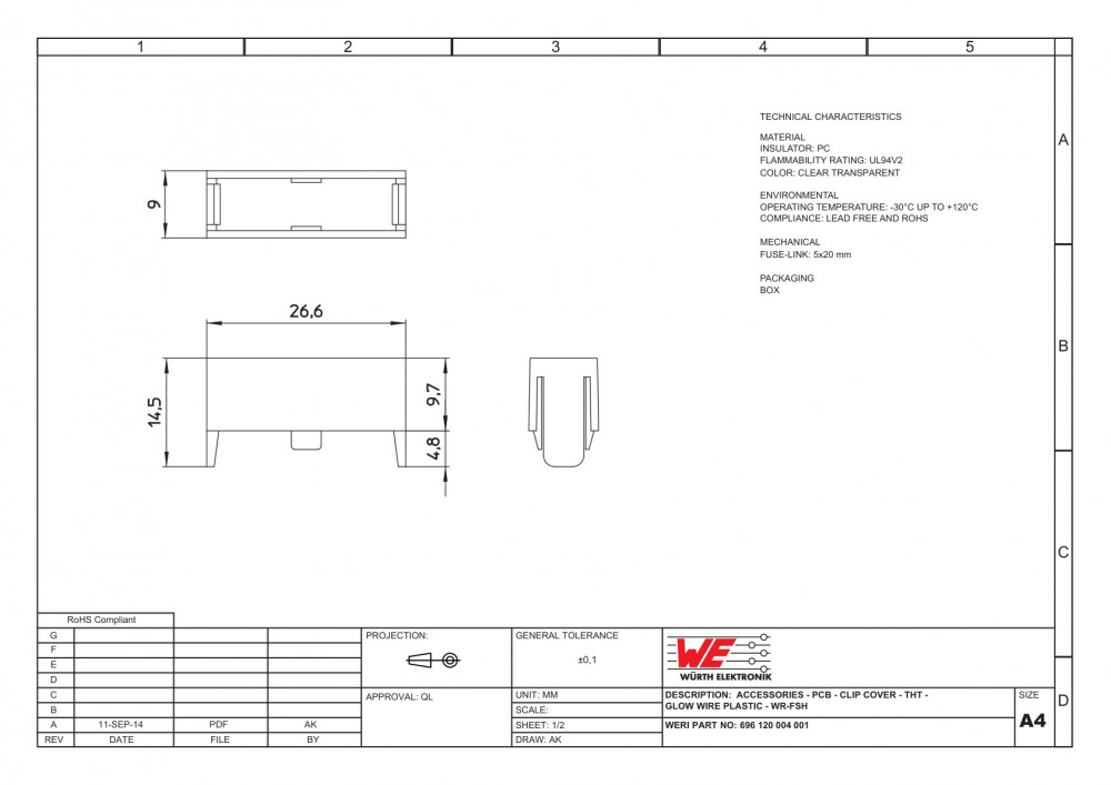 Technical drawing and product characteristics, page 1