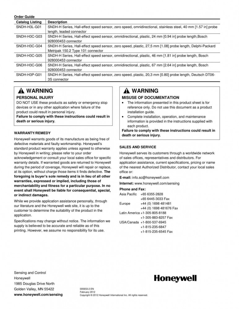 Honeywell SNDH-H series datasheet page 6