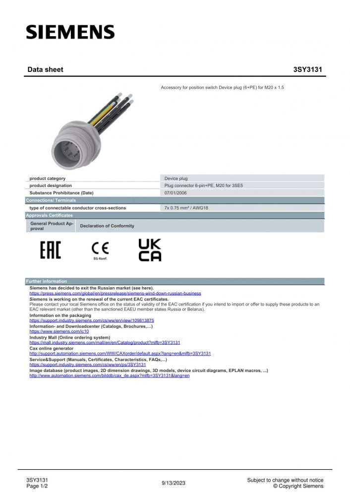 SIEMENS 3SY3131 datasheet page 1