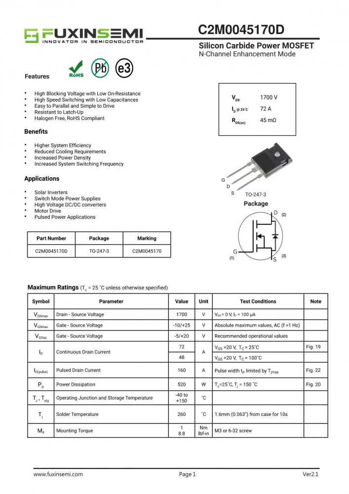 C2M0045170D datasheet page 1