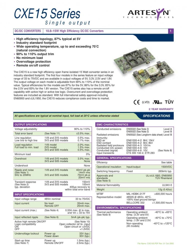 Artesyn CXE15 datasheet page 1