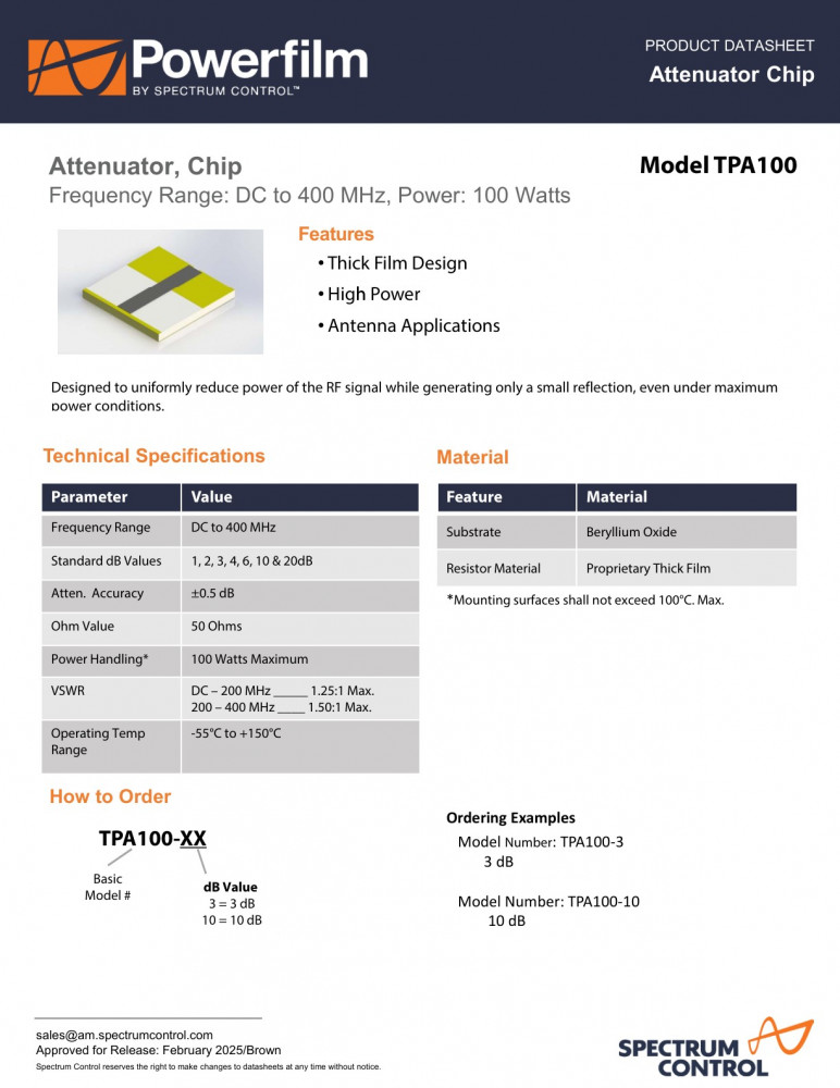 Spectrum Control TPA100 attenuator technical document, page 1