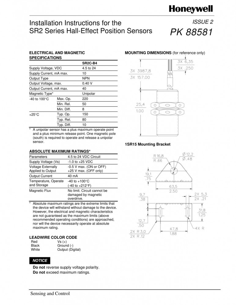Honeywell SR2C-B4 installation document page 1