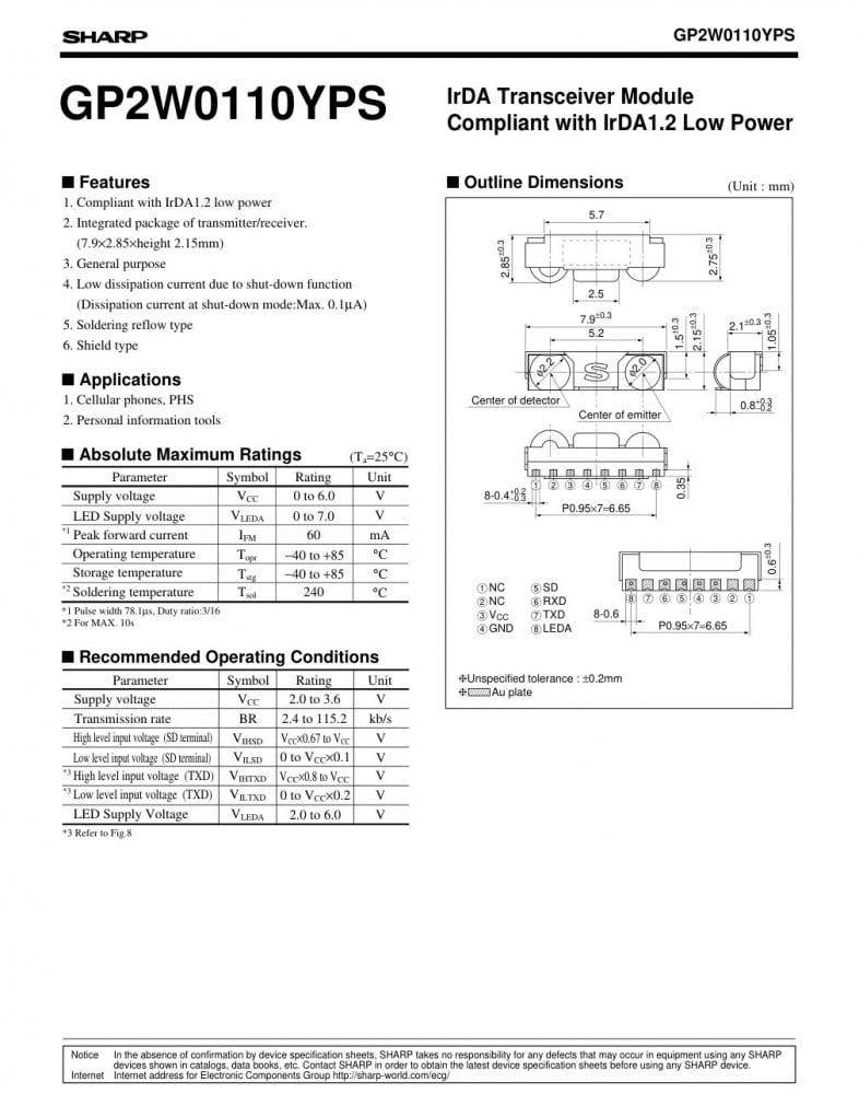 GP2W0110YPS datasheet page 1