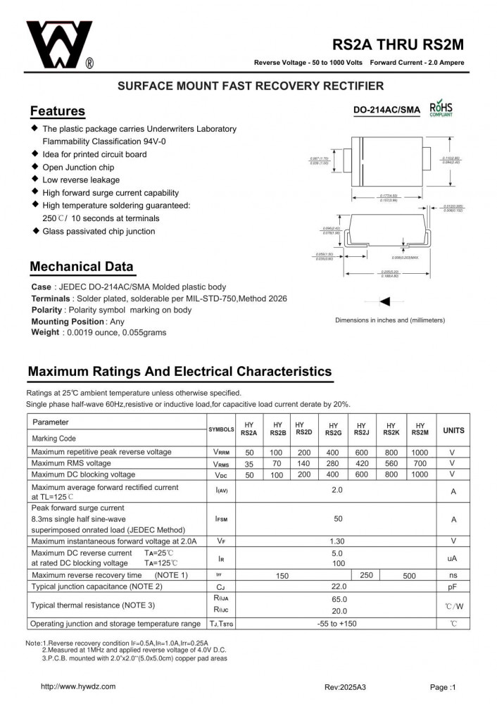 RS2M datasheet page 1