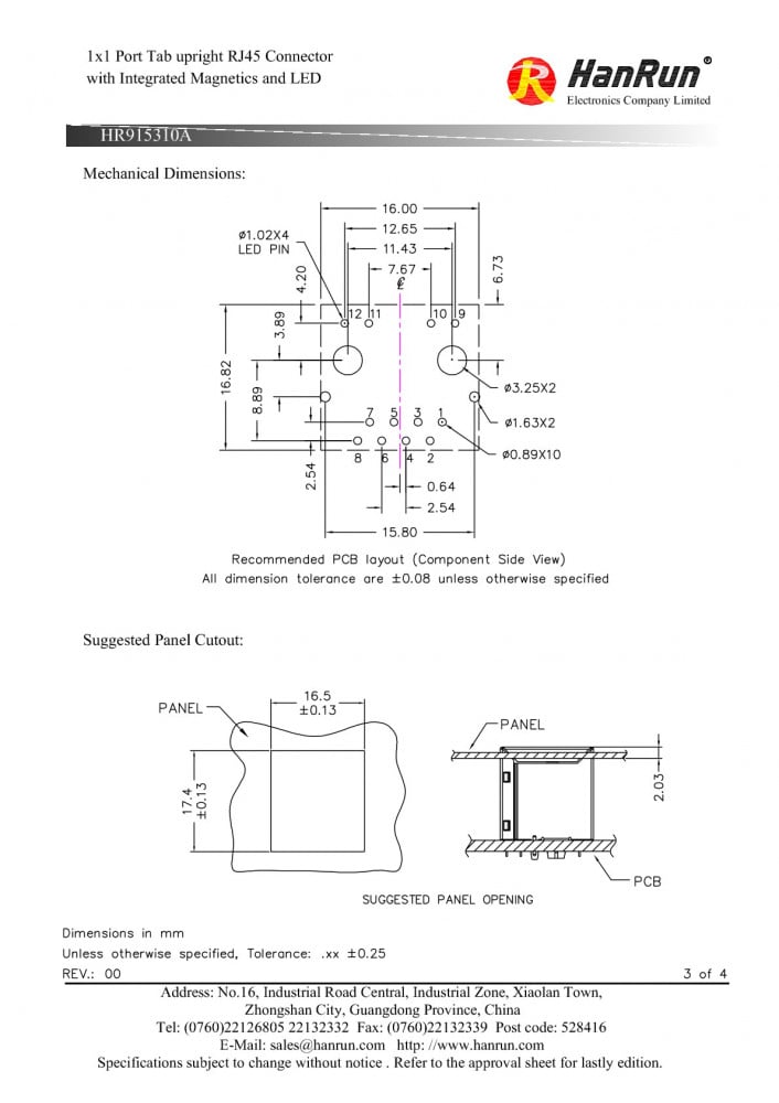 HR915310A recommended PCB layout and panel opening