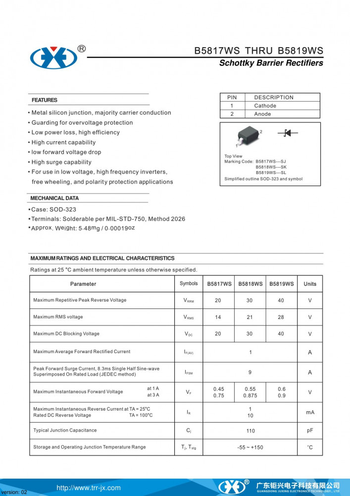 B5819WS datasheet page 1