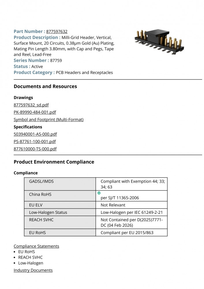 Technical document page 1 for Molex 877597632