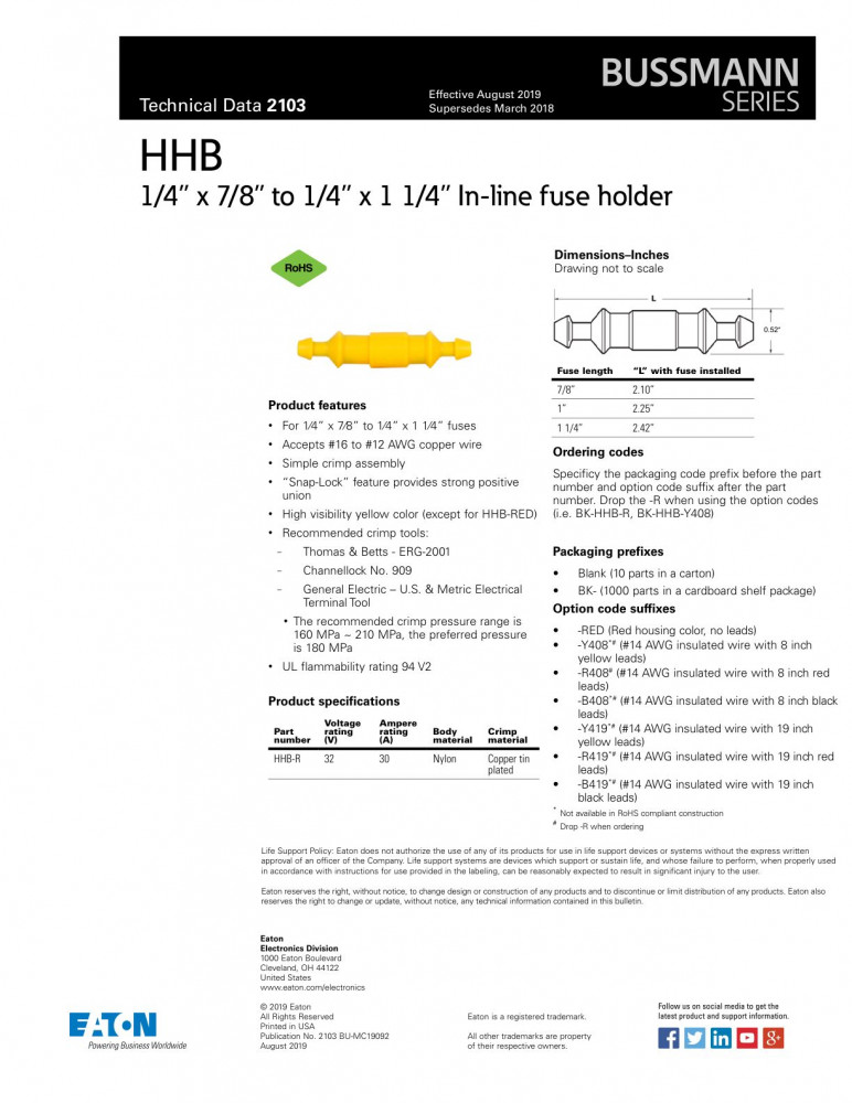 EATON HHB fuse holder technical document