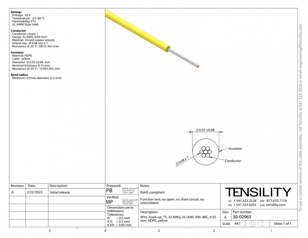 Tensility International 30-02965 product drawing and wire specifications