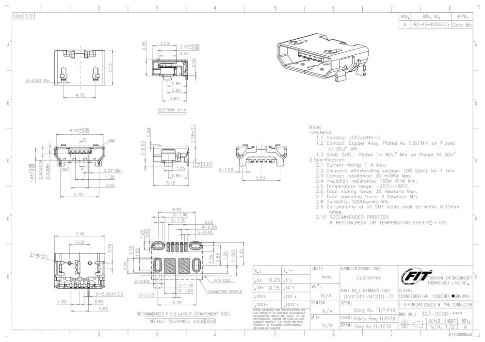 FOXCONN UN11511-N1210-7F technical drawing page 1