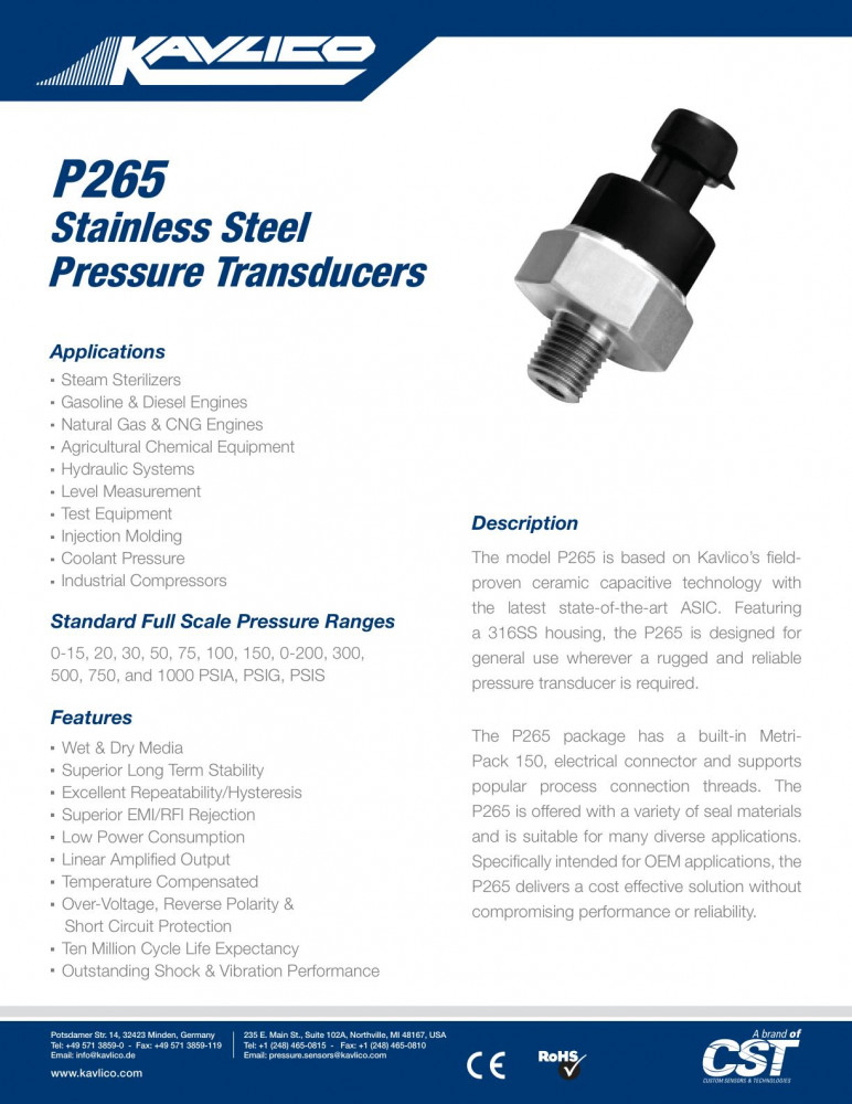 P265 pressure transducer datasheet page 1