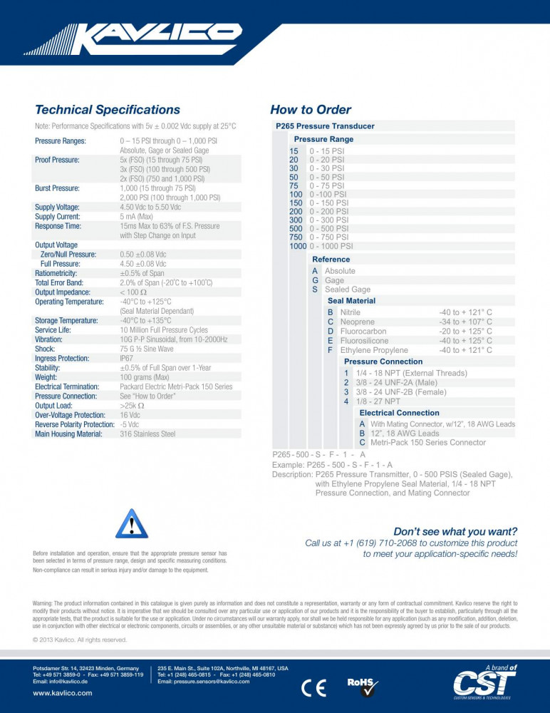 P265 pressure transducer datasheet page 2