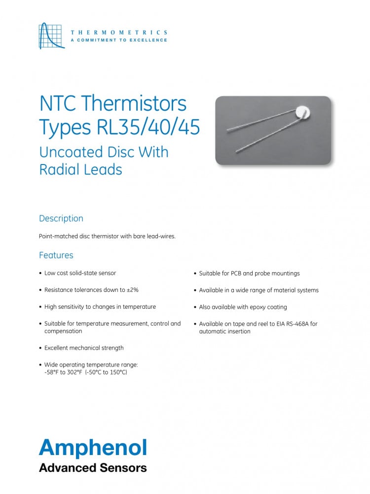 RL35/40/45 NTC thermistor product specification page