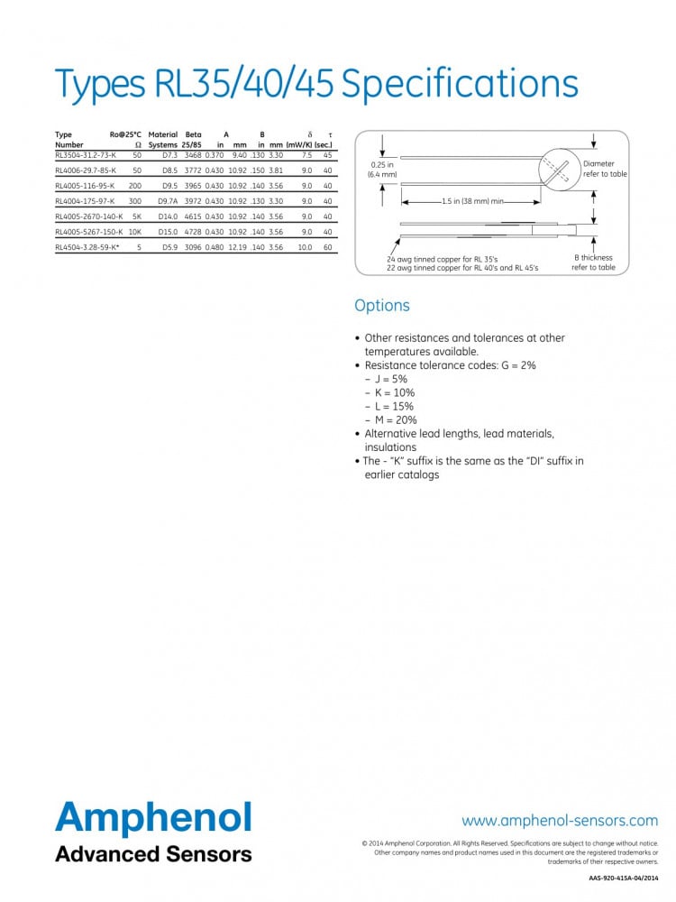 RL35/40/45 NTC thermistor dimensions and options page