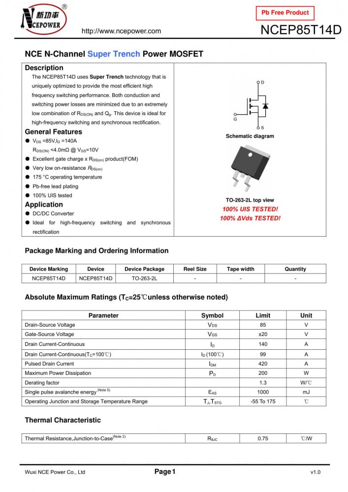 NCEP85T14D datasheet page 1