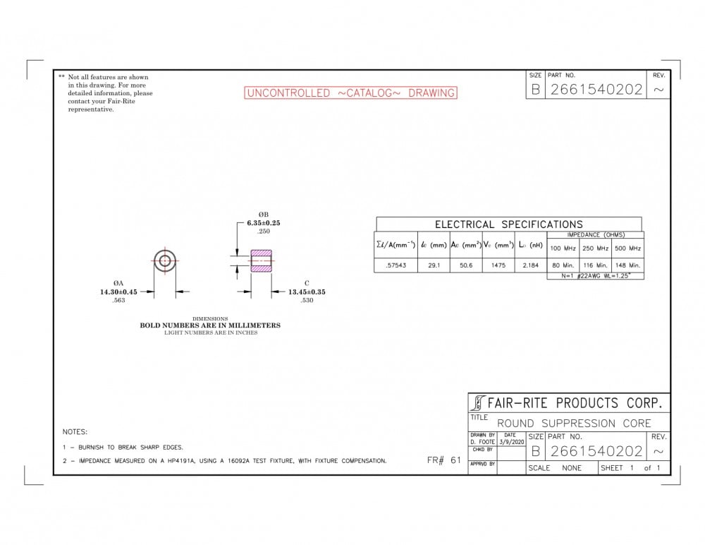 Fair-Rite 2661540202 technical document page