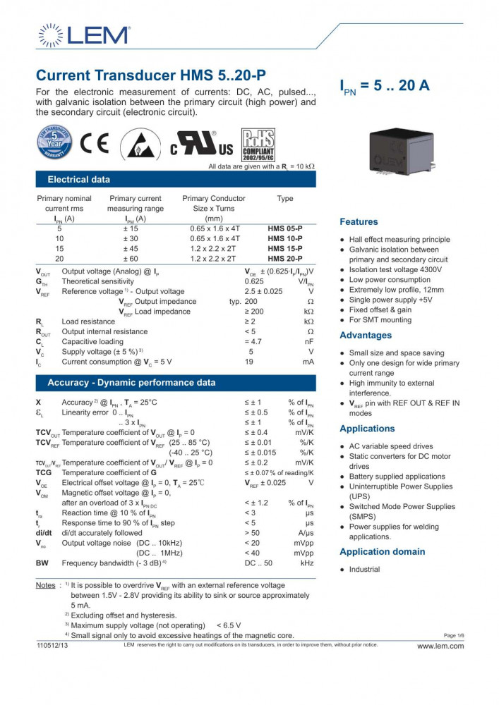 LEM HMS 20-P datasheet page 1