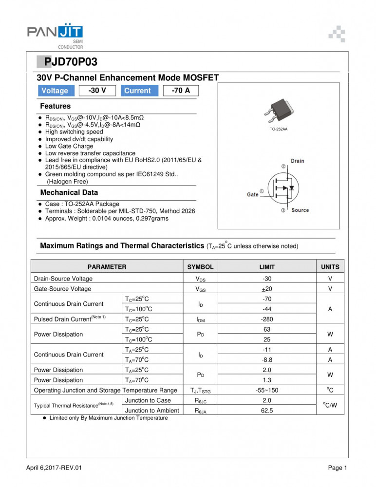 PJD70P03 datasheet page 1