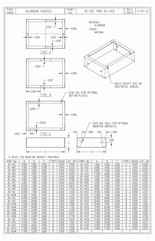 Bud Industries AC-415 aluminum chassis product drawing