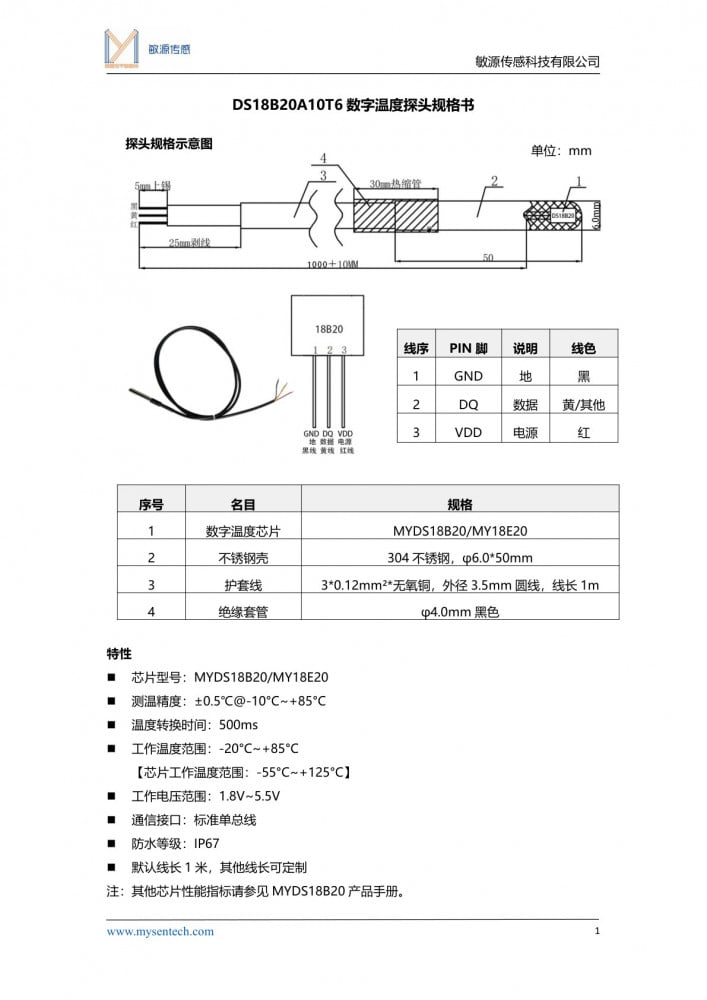 DS18B20A10T6 datasheet page 1