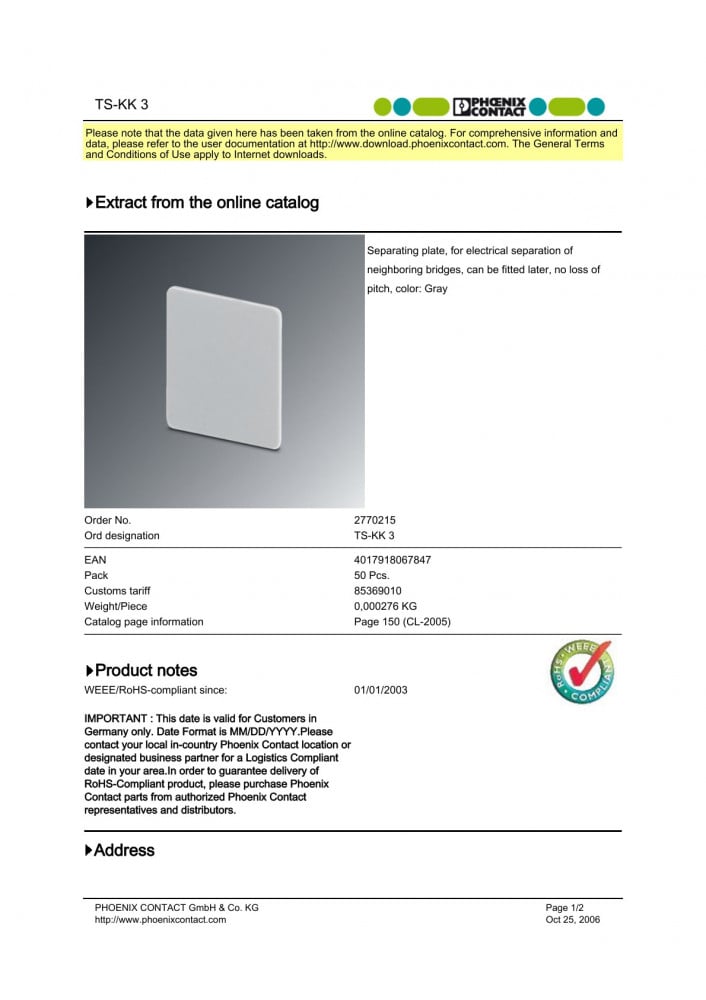 Phoenix Contact catalog page image 1 for TS-KK 3 2770215