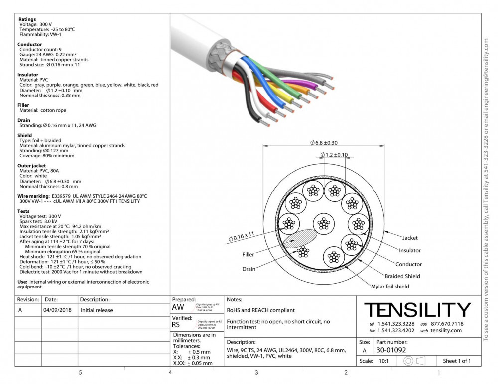 Tensility International 30-01092 cable product drawing