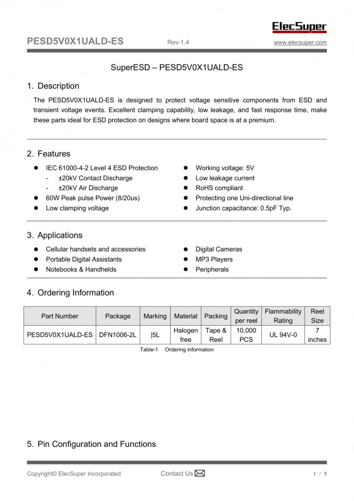 PESD5V0X1UALD-ES datasheet page 1