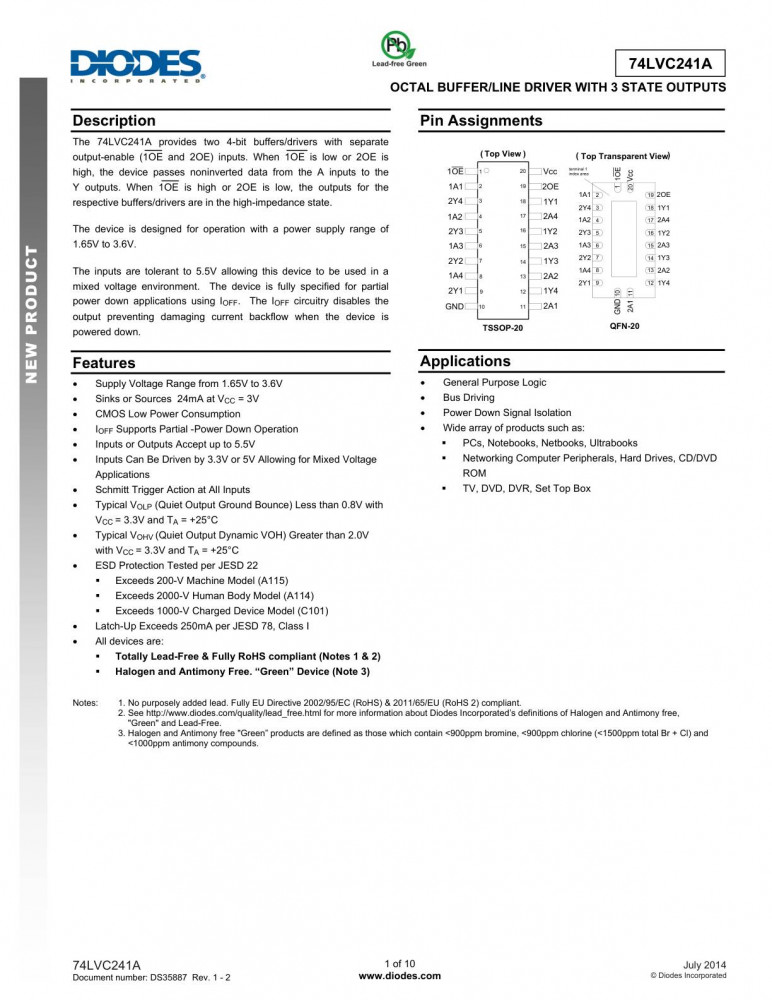 74LVC241AQ20-13 datasheet page 1