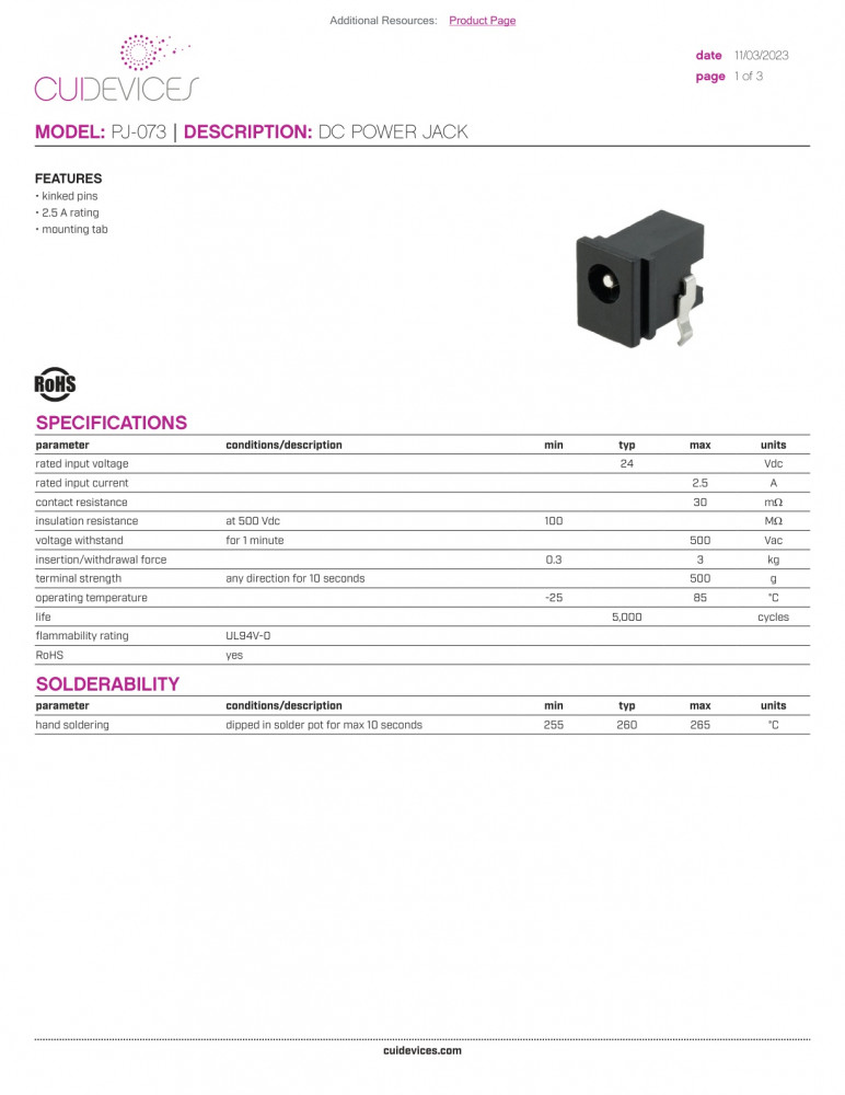 PJ-073 product documentation page 1