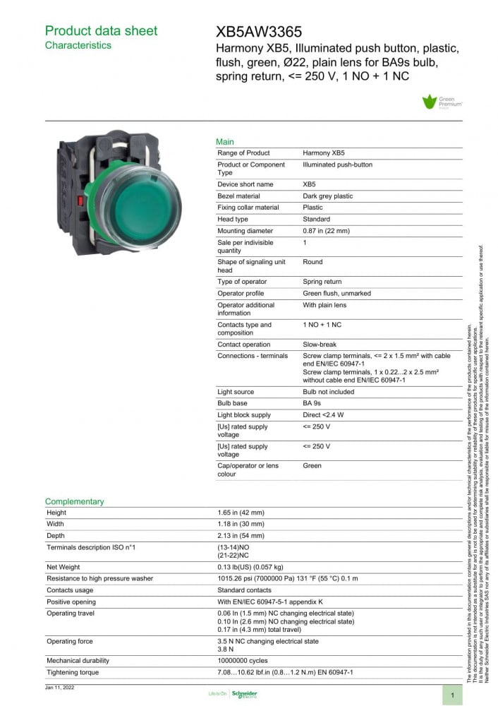 XB5AW3365 technical document page 1