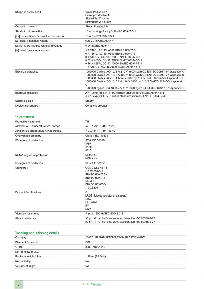 XB5AW3365 technical document page 2